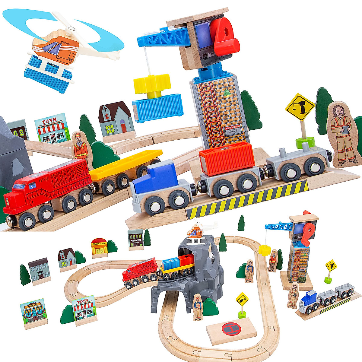 ORBRIUM Lift and Load Wooden Train Set with Magnetic Crane, Magnetic Helicopter, Large Diesel Engine, Semi-Truck, Shipping Container Flat Car Compatible with Thomas, Brio, Chuggington, Melissa & Doug