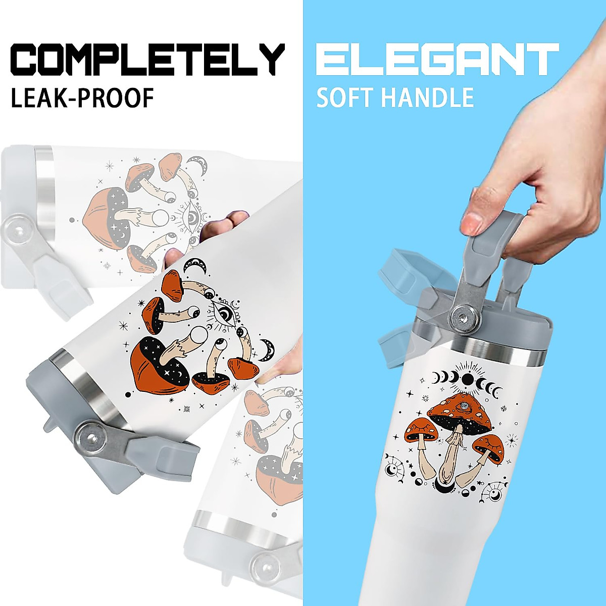 Unyopsa Mushroom Tumbler with Handle 30oz Vacuum Insulated Mushroom Cup with Lid and Straw Mushroom Gifts for Women Men