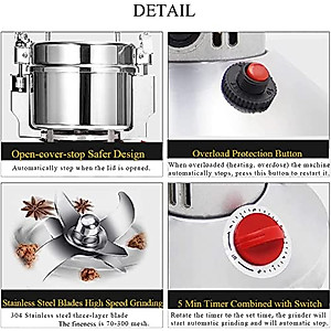 CGOLDENWALL 300g Electric Grain Mill Grinder Safety Upgraded Spice Grinder Pulverizer Stainless Steel Machine for Dry Spices Herbs Grains Coffee Seeds Rice Corn Pepper 110V