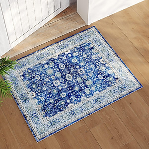 Rugcomf Door Mat Indoor Entrance 2x3 Rug Machine Washable Boho Soft Floral Small Area Rug Non-slip Low Pile Throw Rugs for Entryway, Kitchen, Front Door Indoor Entrance, Entry, Kids Room (Blue)