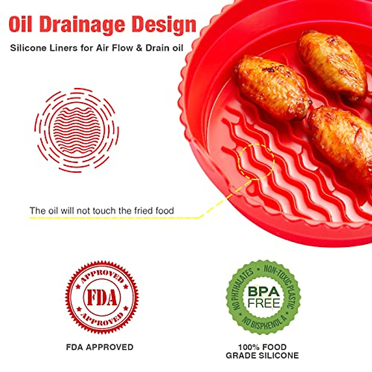 2-Pack, TroHollis™ Silicone Air Fryer Liners | 7.5＂Foldable Air Fryer Silicone Pot [NEW-UPGRADED] | Food-Grade Reusable Air Fryer Accessories for Replacing Parchment Liner Paper, Red & Black