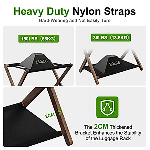 Kweetle Luggage Rack for Guest Room,1- 2 Pack Wood Suitcase Racks with Nylon Straps & Storage Shelf, Holds up to 180lbs, Folding Travel Hotel Luggage Stand (Walnut)
