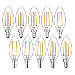 OMAYKEY 2W LED Candelabra Bulb 25W Equivalent 3000K Soft White 250LM, E12 Base LED Chandelier Light Bulbs, Vintage Edison Clear Glass B11 Candle Torpedo Shape, Non-dimmable, Pack of 10