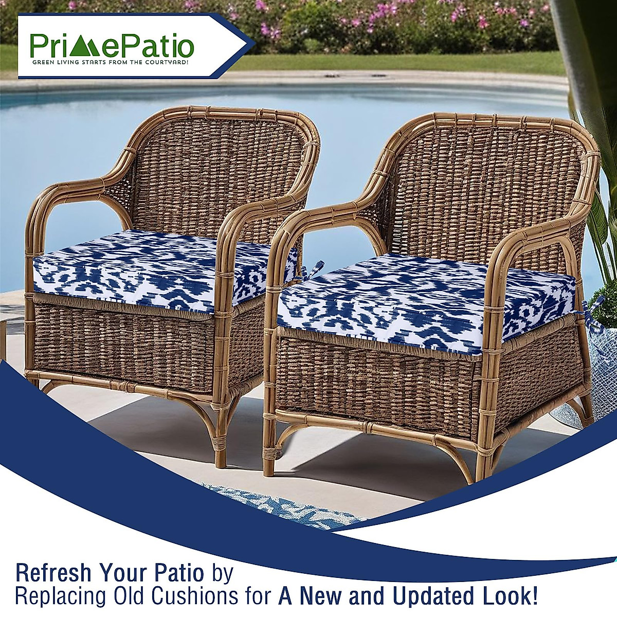 PRIMEPATIO Patio Chair Cushions 17x16, Outdoor Chair Cushions Set of 2, Waterproof Outdoor Seat Cushions with Fade Resistant Pattern, Patio Furniture Garden Sofa Couch Pads with Ties (Navy Blue)