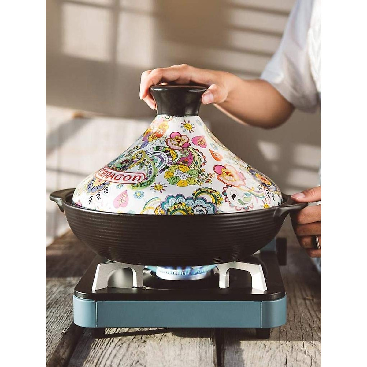 MYYINGBIN Flower Pattern Moroccan Tagine Pot Enameled Cast Iron Casserole Non Stick Saucepan Exotic Stew Pot with Lid, A, 2L