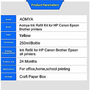 Aomya Yellow Ink Refill Kit 250ml Universal Dye Bulk Ink for Canon HP Epsn Brother Inkjet Printers Refillable Cartridge CISS CIS System (9 oz) with Syringe&Glove