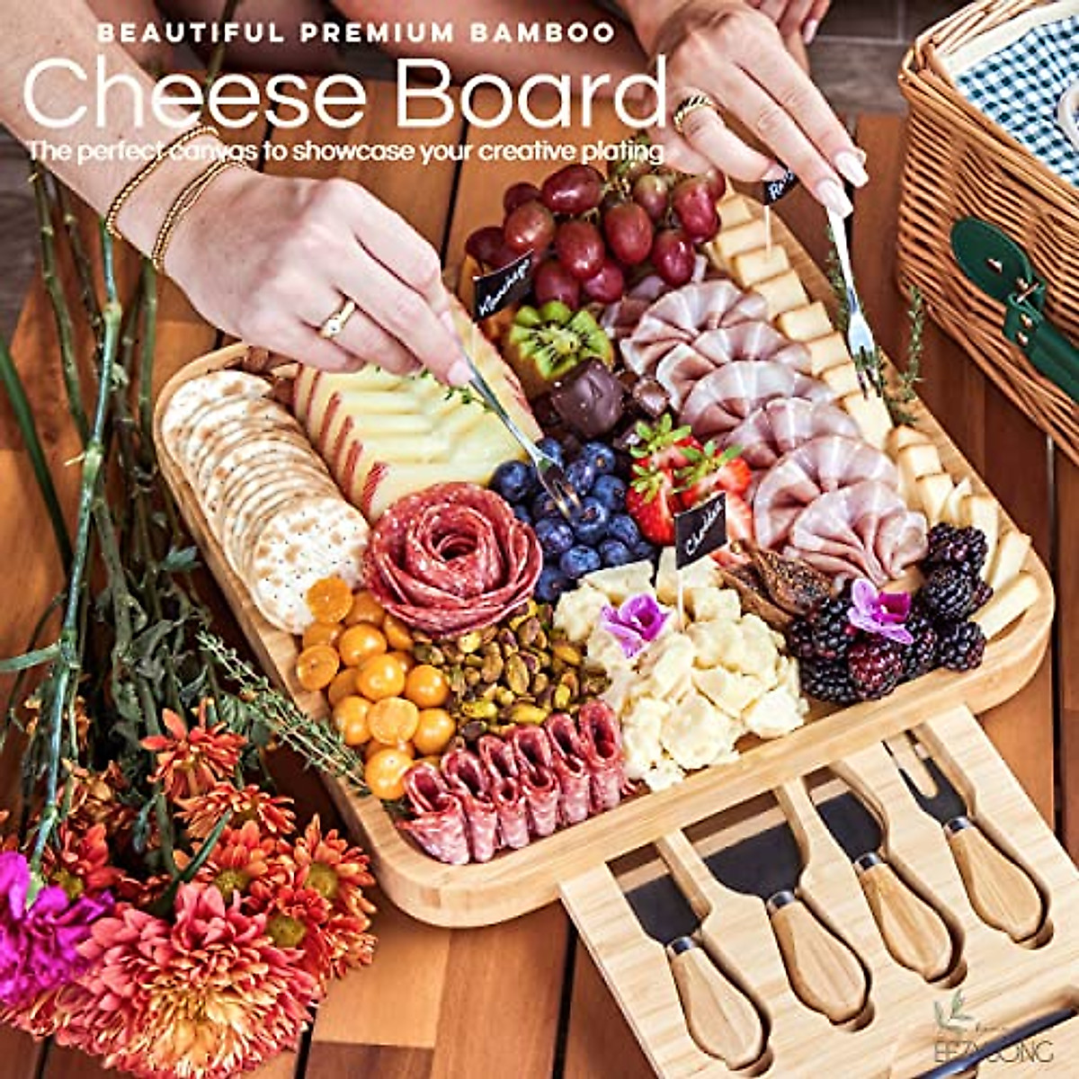 Bamboo Cheese Board and Knife Set - Includes a Secret Drawer with Stainless Steel Fork and Cheese Knife Set for Charcuterie Board Party Serving Tray - Thoughtful Wedding Anniversary Housewarming Gifts