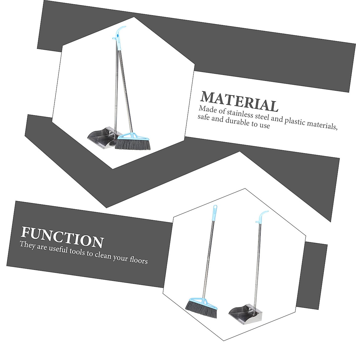 Cabilock 2 Sets Stainless Steel Trash Shovel Dustpan Broom Kit Broom Dustpan Garbage Sweeping Tool Pet Poop Tray Cleaning Dustpan Kit Office Household Stainless Steel + Plastic Floor Brush