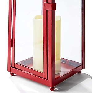 Red Outdoor Solar Lanterns - 11 Inch, Set of 2, Metal & Glass, Waterproof Flameless Pillar Candle, Dusk to Dawn Timer, Flickering LED Light, Rustic Vintage Patio