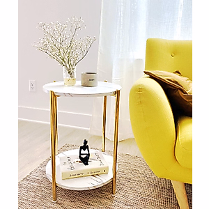 Gold End Table Faux Marble Side Table Small Round Nightstand for Living Room or Bedroom Modern Accent Table with Gold Metal Frame