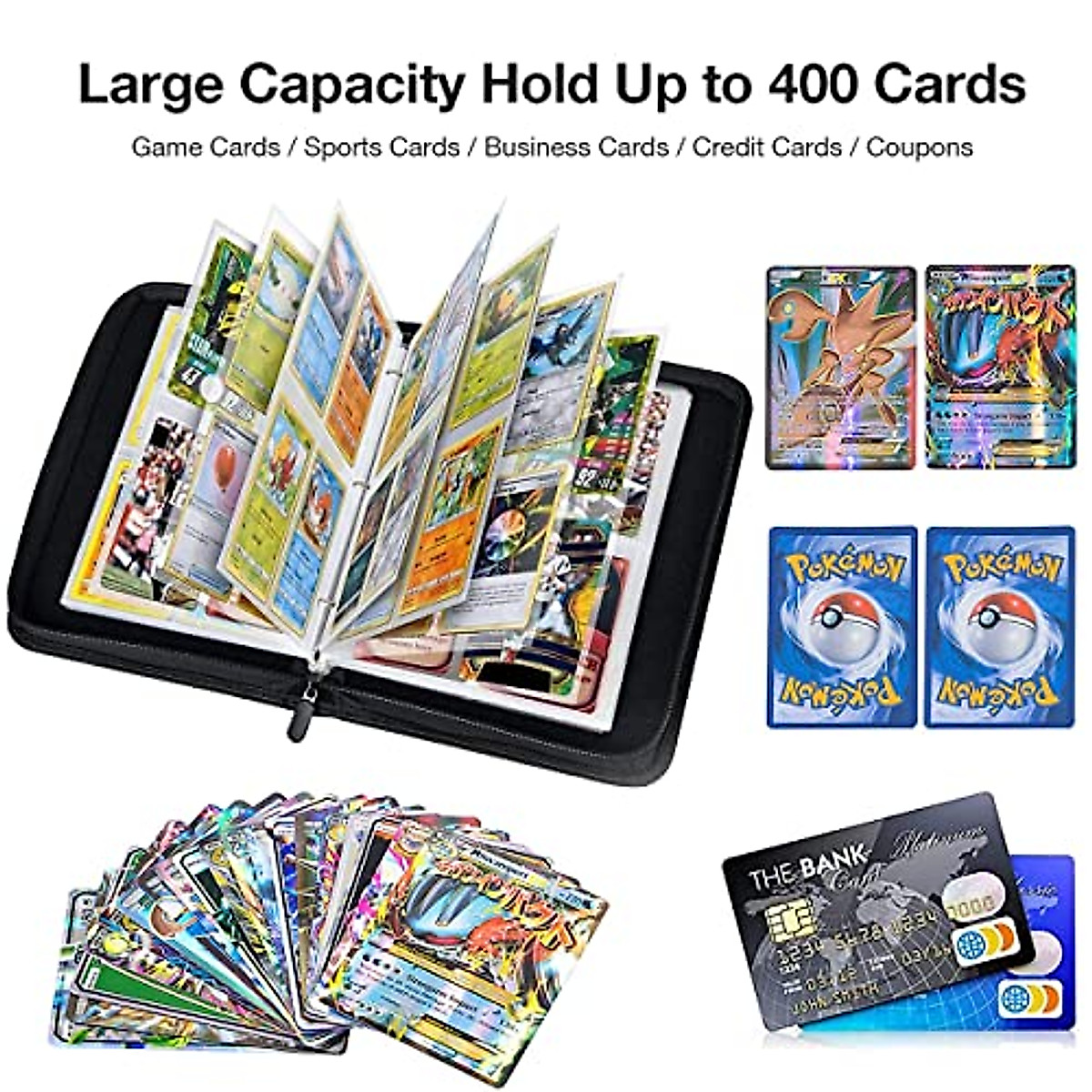 LIUDU Card Binder 4-Pocket,400 Pockets Game Cards with 50 Sleeves,Trading Card Collection Zipper Binder Holder for Kids Gifts (Black 400Pockets)