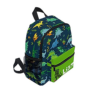 MCHIVER Custom Green Dinosaur Kids Toddler Backpack Personalized School Bag with Chest Strap for Boys Girls Preschool Kindergarten Nursery Children Bag