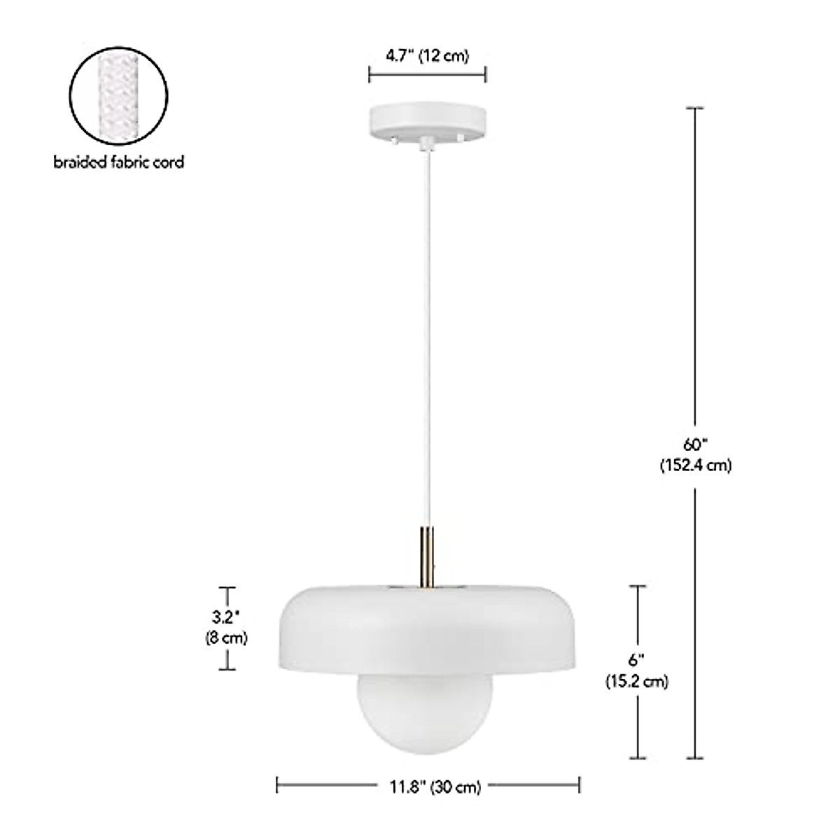 Globe Electric 60403 Jackie 1-Light Pendant, Matte White, Matte Brass Accents, White Cloth Cord