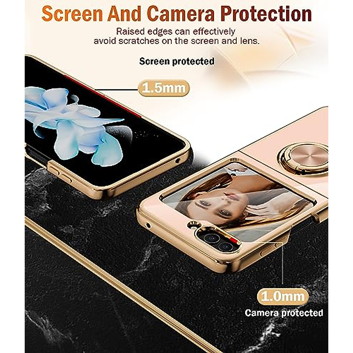 Jasmeas for Galaxy Z Flip 5 Case for Women Girl, Luxury Soft Back Cover with Ring Holder Plating Rose Gold Edge 360° Kickstand Slim Flexible Phone Case for Samsung Galaxy Z Flip5 (2023), Pink