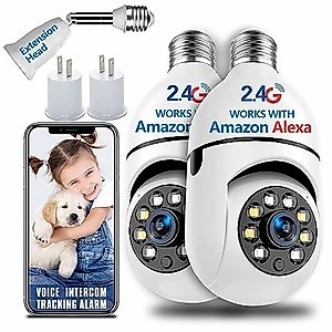 QAMY 3MP Light Bulb Security Camera 2.4GHz,Bulb 360 Degree Wifi Outdoor Indoor Full Color Day And Night, Lightbulb Motion Detection Alarm, 1-Month Free Trial Of Cloud Services 2PCS