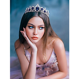 SWEETV Royal CZ Crystal Tiara for Women, Blue Wedding Crown for Brides, Princess Headpieces Bridal Hair Accessories for Birthday Party Pageant, Sapphire+Silver,Eleanor