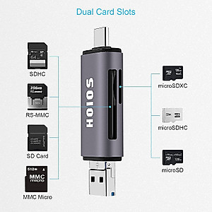 SD Card Reader USB-C,3-in-1 Memory Card Reader with Tri-Connectors, USB 3.0 Card Reader Adapter for SDXC,Micro SDXC,Compatible with Windows,Mac OS,Linux, Android,Silver Gray
