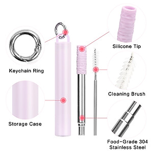 FYY Reusable Straws with Case - 3 Pack Collapsible Stainless Steel Travel Straws with Cleaning Brush & Silicone Tips Portable Cruise Ship Essentials Telescopic Drinking Straws with Keychain Ring 3P1
