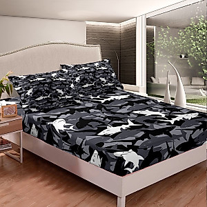 Erosebridal Camo Sharks Fitted Sheet Set Twin Black White Grey Camouflage Ocean Animal Bedding Sets for Kids Boys Teen Cool Shark Bed Sheets,Soft Microfiber Cool Wildlife Top Flat Sheet 1 Pillow Case