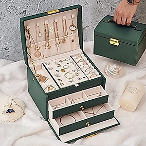 Volance Jewelry Box Organizer for Women Girls,3 Layer Medium Sized PU Leather Jewelry Storage Box with Lock and Removable Tray,for Necklace Earrings Rings Bracelets - Green