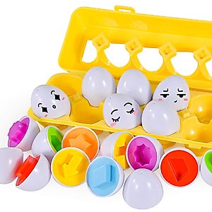 CAPTAIN CHAOWING Easter Matching Eggs for Toddlers, 12 PCS Easter Color Shape Matching Stacking Eggs for Kids, Plastic Color Sorting Eggs with 12 Shapes, Easter Gift for Toddlers 1-3 2-4 3-5