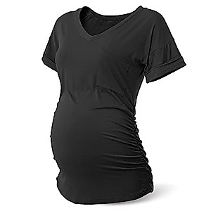 SUNNYBUY 3 Pack Womens Maternity Tops Side Ruched Maternity Shirts Pregnancy Clothes V Neck,Black&White&Green-M