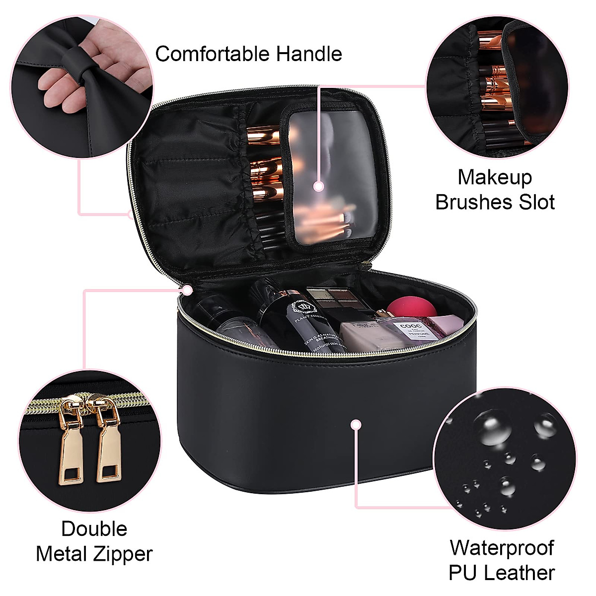 Makeup Bag 2 Pcs Cosmetic Bag Waterproof Large Make Up Bag for Travel Bow-Knot Storage Bag Portable Cosmetic Pouch Makeup Brush Organizer Toiletry Case for Women and Girls Black