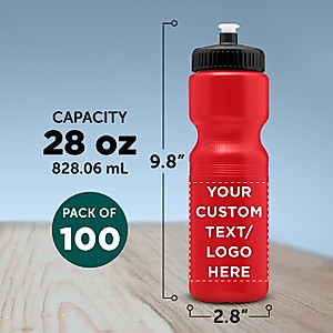 DISCOUNT PROMOS 28 oz. Custom Push Cap Plastic Water Bottles Set of 100, Personalized Bulk Pack - Perfect for Gym, Hiking, Camping, Outdoor Sports -Red