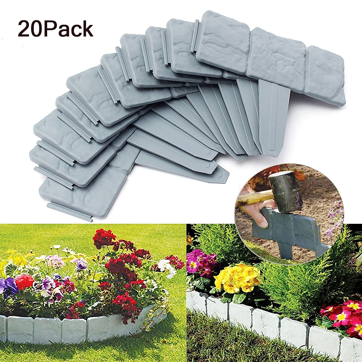 20x Cobbled Stone Effect Plastic Fence Garden Lawn Yard Plant Edging Border Grey