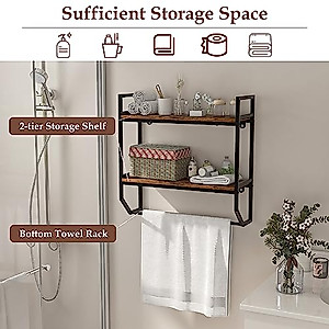 LOKO 2-Tier Bathroom Towel Rack with Shelf, Industrial Over The Toilet Shelf w/Towel Bar, Wall Mounted Hanging Shelf w/Towel Holder, Rustic Storage Organizer Shelves for Living Room, Kitchen