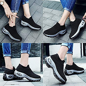 K&T Womens Cushion Walking Shoes Sock Sneakers Tennis Shoes Mesh Slip On Loafers Lightweight Fashion Nursing Girls Wedge Platform Dance Shoes, Black, 7 M US