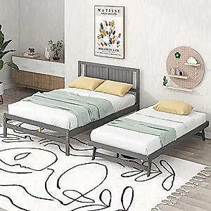 Goohome Full Size Platform Bed with Adjustable Trundle, Wooden Full Bed Frame with Headboard, Sturdy Slat Support, No Box Spring Needed