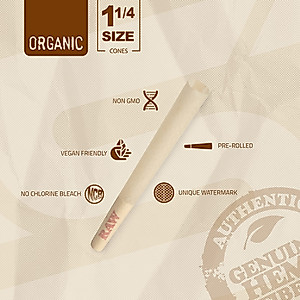 RAW Cones Organic 1-1/4 Size | 50 Pack | Pre Rolled Rolling Paper with Tips & Packing Tubes Included