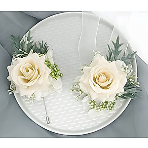 YSOJMAN Rose Artificial Flowers Wrist Corsage Wristlet Fake Rose Boutonniere Set Wedding Bridal Bridesmaid Wristband Groom Bridegroom for Wedding Prom Party Homecoming (Champagne Corsage Set)
