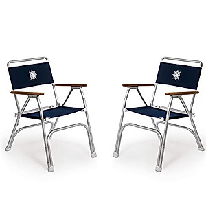 FORMA MARINE Boat Chairs Navy Blue Deck Folding Marine Aluminum Teak Furniture Set of 2 M100NB