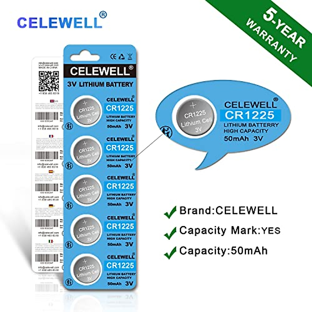 CELEWELL 【5-Year Warranty】 5 Pack CR1225 3V Lithium Battery
