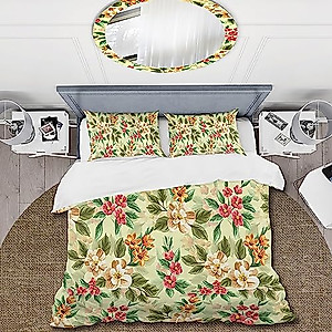 DESIGN ART Designart 'Pink White and Red Flowers and Leaves On Beige Background.' Traditional Duvet Cover Set Twin