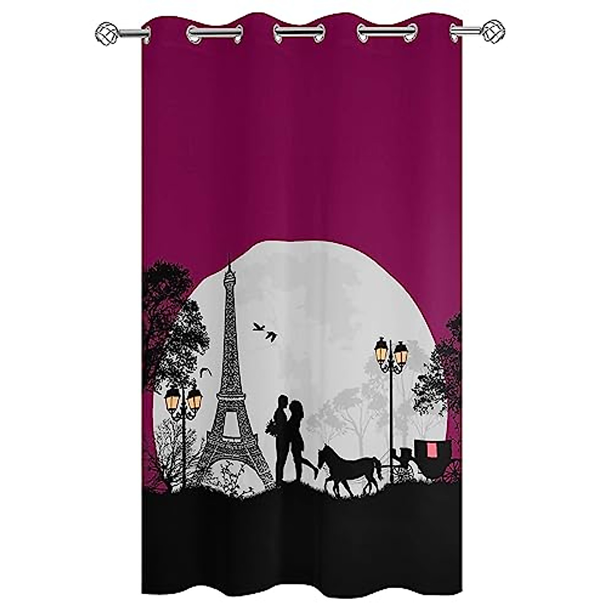 Waterproof Outdoor Curtains for Patio, Lovers Carriage and Eiffel Tower Under the Moon Weatherproof Privacy Outdoor Drapes, Grommet Top Outside Curtains for Gazebo Porch Pergola Cabana, 52x108 Inch