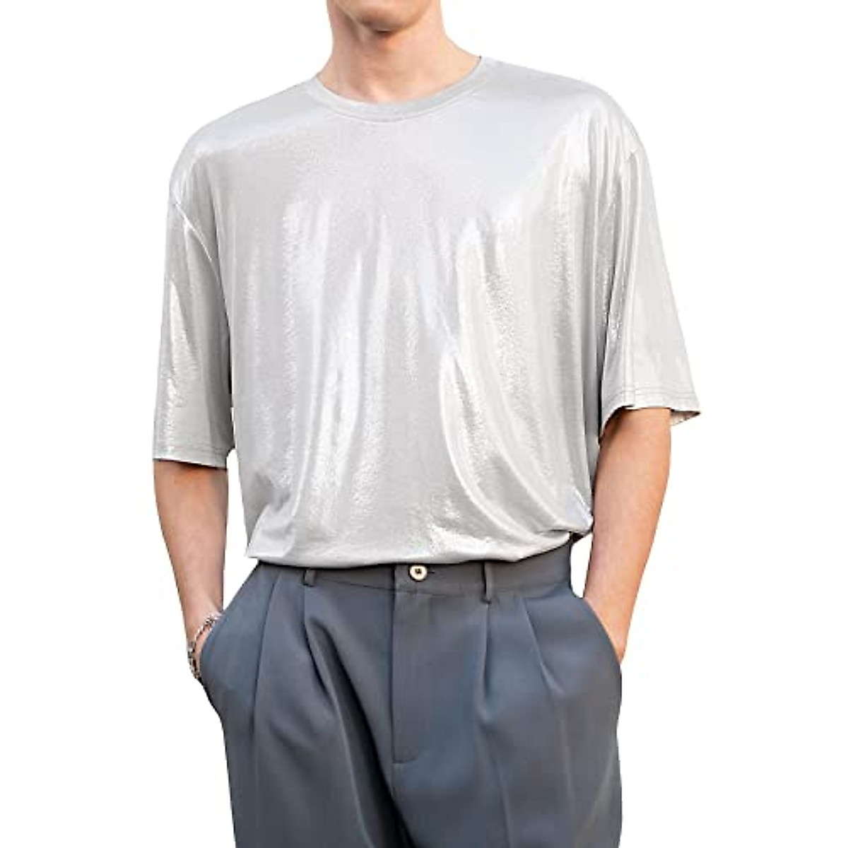 WDIRARA Men's Metallic Crewneck Short Sleeve Party Club Oversized Tee Shirt Top Silver M