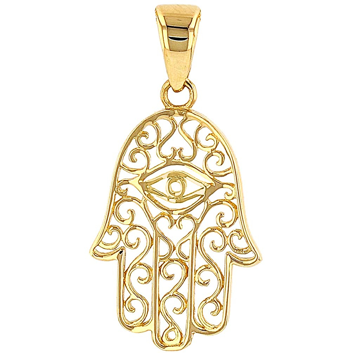 Jewelry America Solid 14K Yellow Gold Filigree Hamsa Hand of Fatima with Evil Eye Charm Pendant