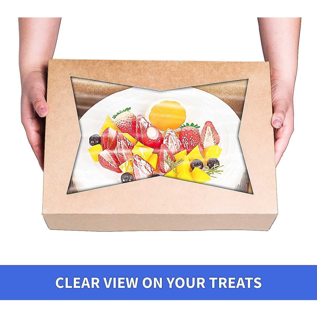 FATRE FOODS (15 Pack) Cake Boxes with Cake Boards INCLUDED – Easy-Assembly, 14 x 10 x 4 Inch, Dessert Boxes with Window, Stickers – Store & Sell Cakes, Cupcakes, Muffins, & Donuts in Bakery Boxes