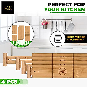 NK Home Goods Expandable Bamboo Drawer Divider (17x22 in), Adjustable Kitchen Organizer for Office, Home, and Closets. 4 Dividers 6 Inserts. (Free 12x24 Liner)