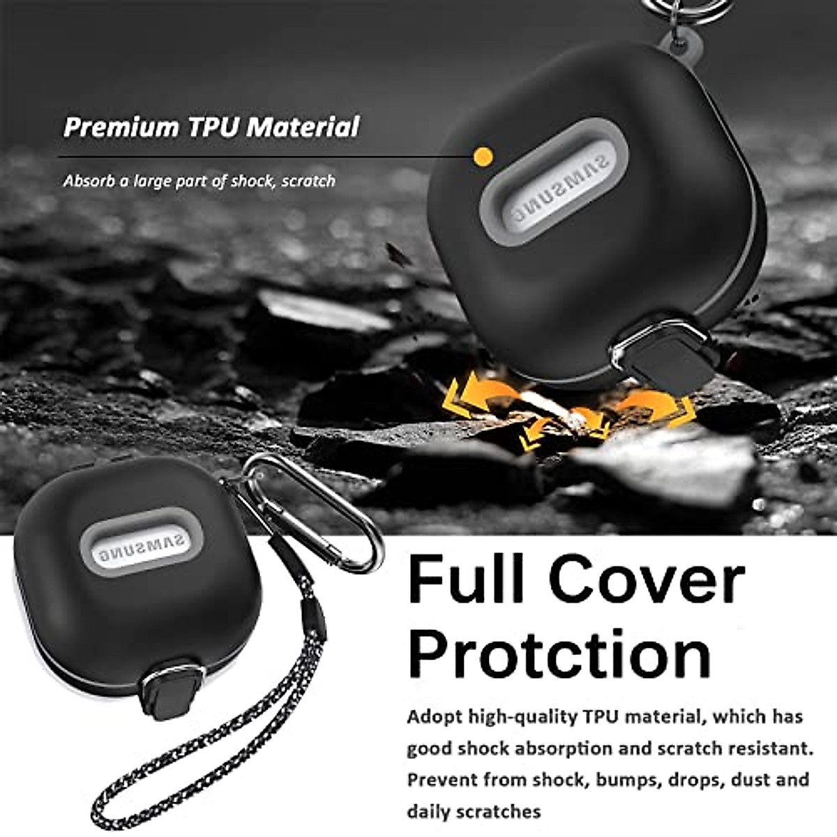 Miimall Compatible for Samsung Galaxy Buds 2 Pro Case/Galaxy Buds Pro Case/Galaxy Buds 2 Case/Galaxy Buds Live Case, Shockproof Full Protective with Lanyard Keychain for Galaxy Buds 2 Pro(Black)