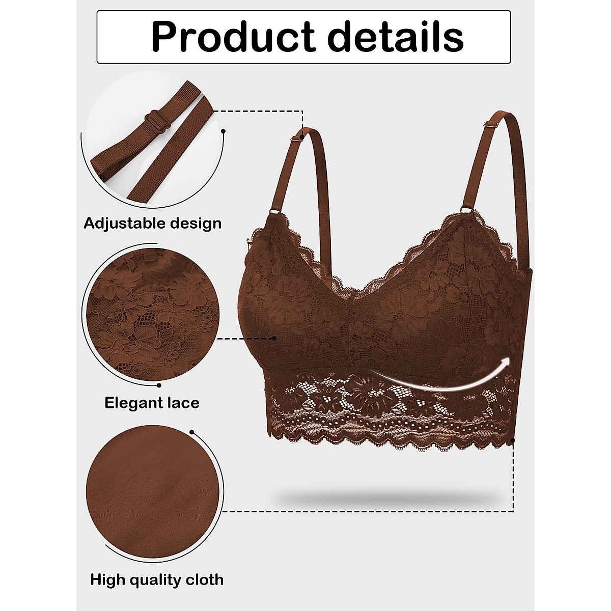 Geyoga 6 Pack Women's Lace Cami Top, Wireless Bralette Floral Non Padded Bandeau Bras with Straps(Black, Dark Chocolate, Chocolate, White, Olive Green, Dark Gray, Medium)