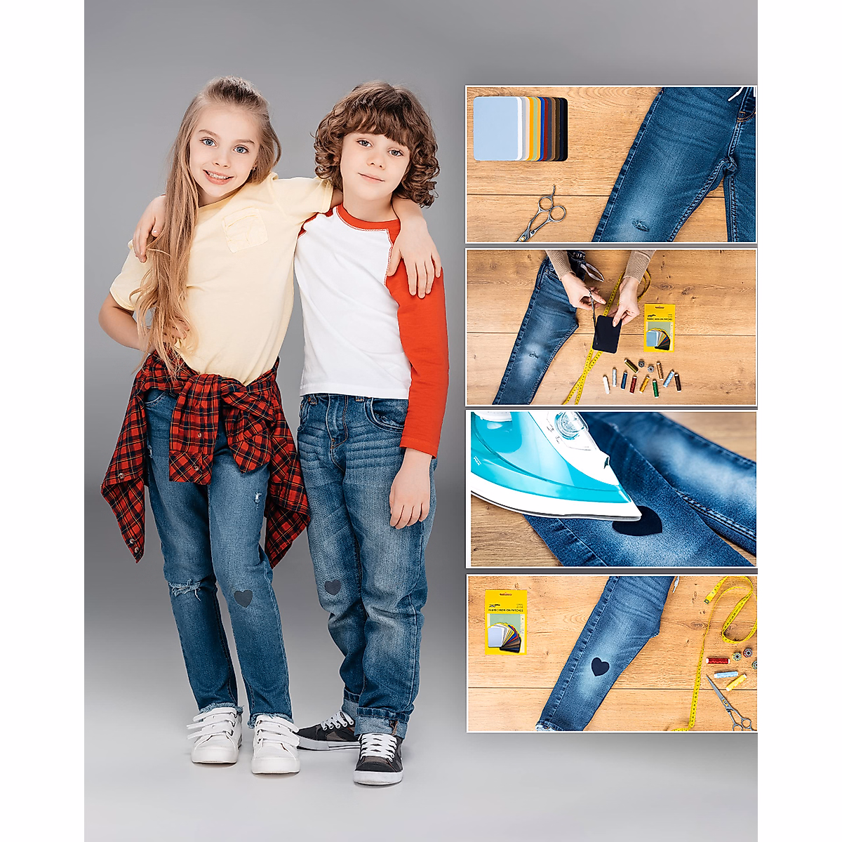 ZEFFFKA Premium Quality Fabric Iron-on Patches Inside & Outside Durable 100% Cotton Blue Gray Beige Brown Yellow Red Green Repair Decorating Kit 14 Pieces Size 3" by 4-1/4" (7.5 cm x 10.5 cm)