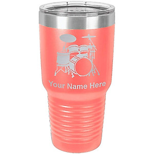 LaserGram 30oz Vacuum Insulated Tumbler Mug, Drum Set, Personalized Engraving Included (Coral)