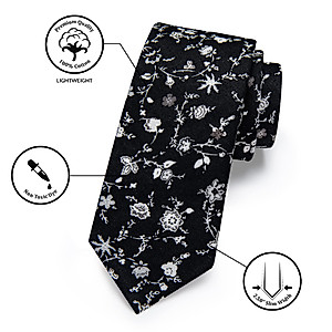 YourTies Floral Skinny Ties for Men Causal Cotton Black Flower Printed Necktie and Pocket Square Set Wedding Party