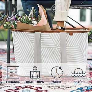 CleverMade Collapsible LUXE Tote, Geometric Taupe - 30L (8 Gal) Structured Tote Bag with Handles and Reinforced Bottom - Reusable Grocery Bag, Shopping Bag, Utility Tote Bag