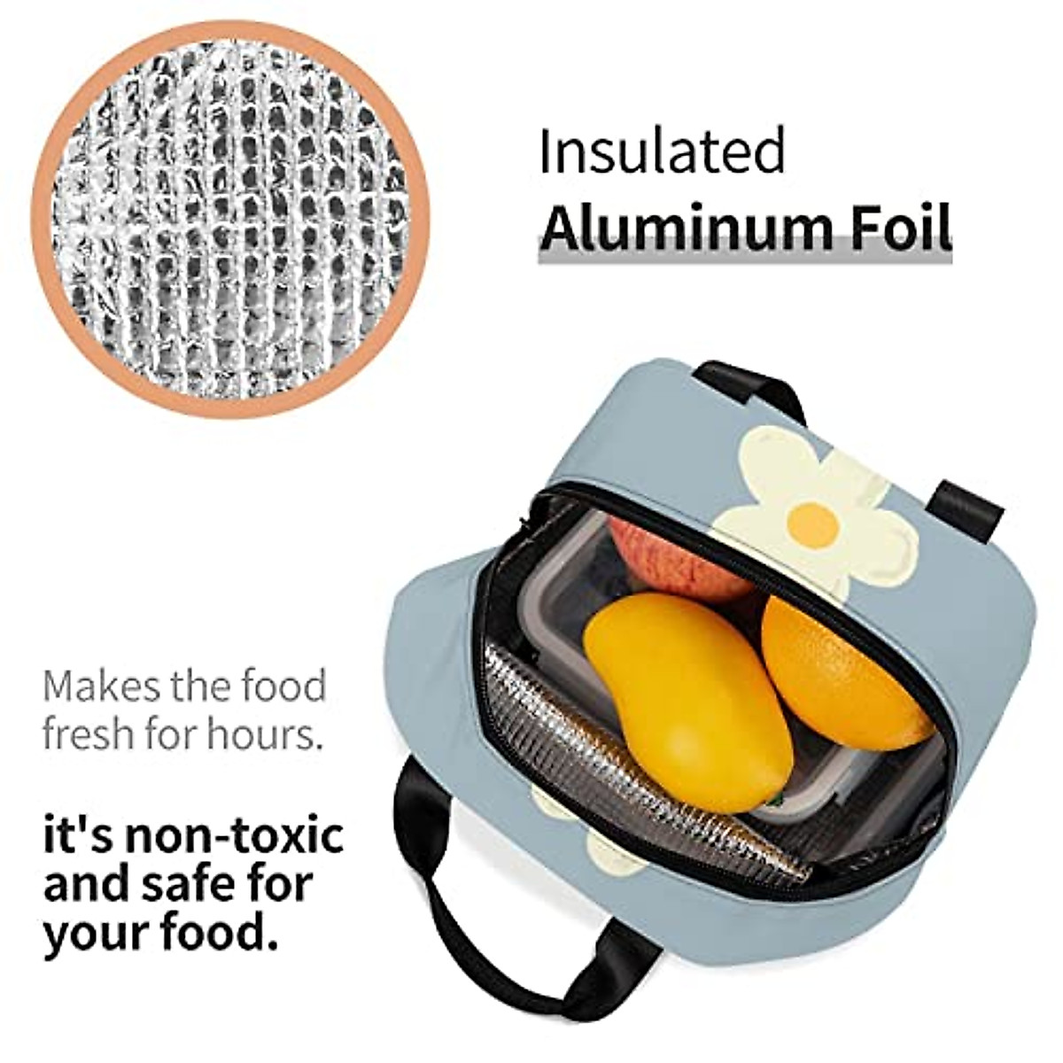 Ucsaxue Insulated Lunch Bag Women Men, Reusable Tote Lunch Box, Leakproof Cooler Lunch Bags for Work Office Travel Picnic, Cute White Flower Daisy