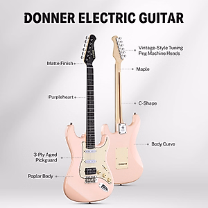 Donner 39 Inch Electric Guitar, Designer Series DST-200 Stylish Solid Body Electric Guitar for Beginner Intermediate & Pro Players, Single Coil Split System, Bonus Bag, Cable, Strap Blossom Pink